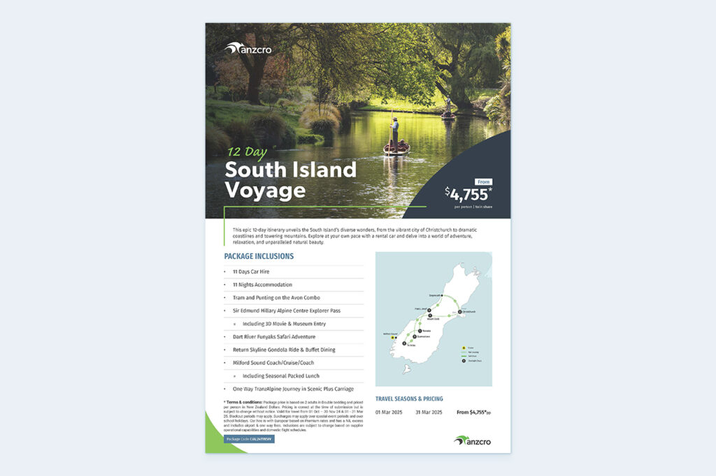 12 Day South Island Voyage – Self-Drive Vacation, New Zealand | ANZCRO